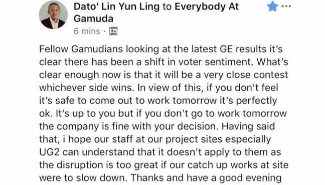 Gamuda boss gives staff option to skip work | Free Malaysia Today (FMT)