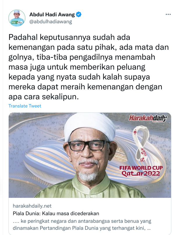 Hadi under fire over ‘extra time for losers’ remark | FMT